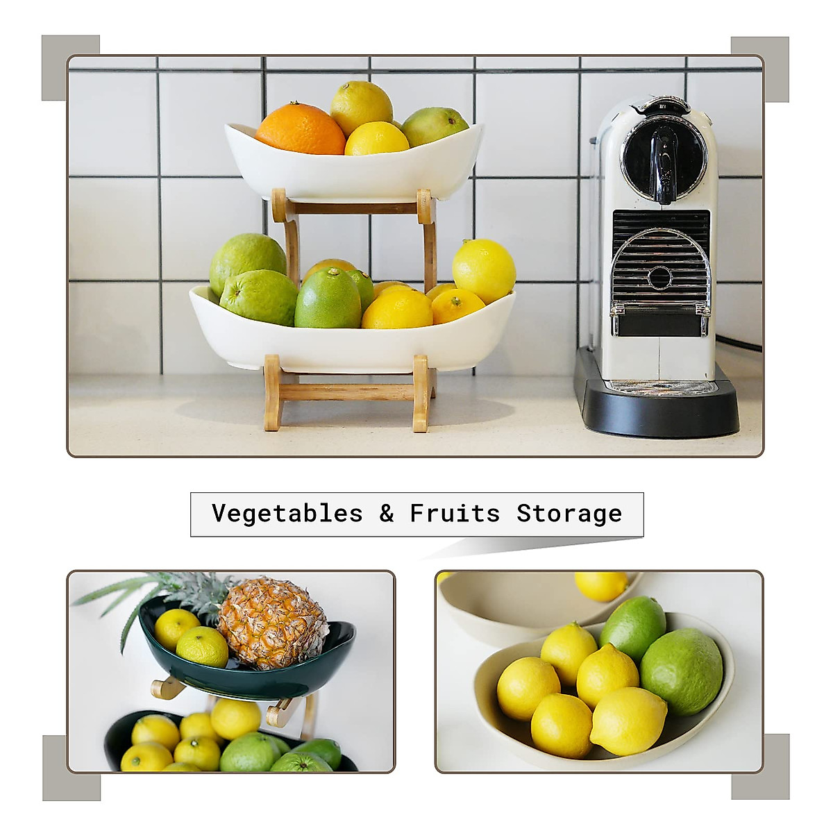 Mangoton 2 Tier Fruit Basket for Kitchen Counter,Ceramic Fruit Bowl for Kitchen Counter,Fruit Holder,Organizador de Cocina,Large Khaki
