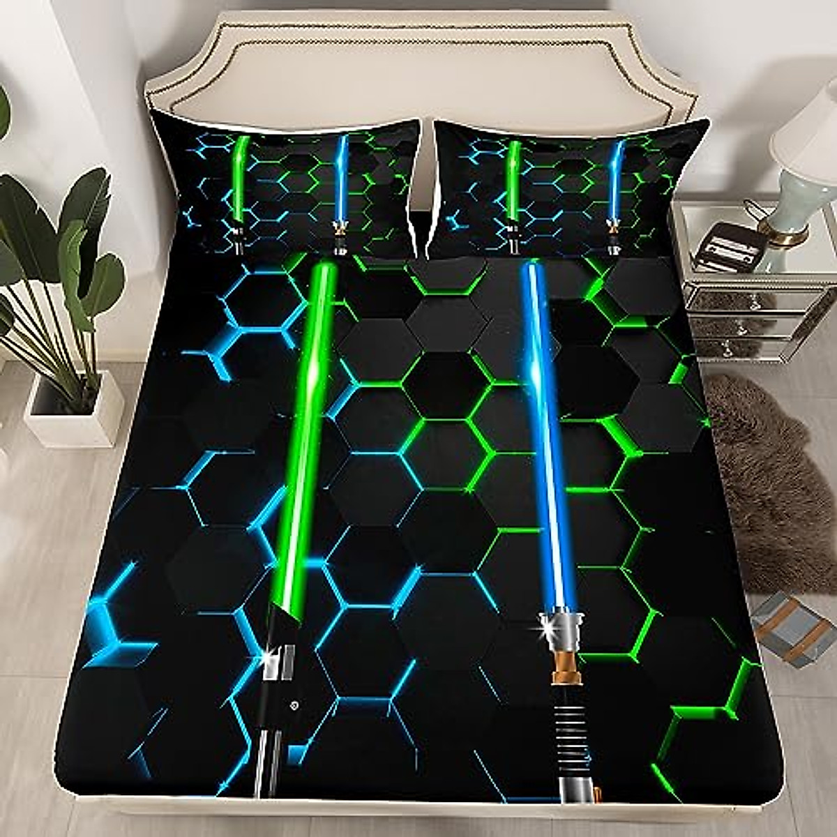 Geometric Honeycomb Hexagon Bed Sheets Twin Size Neon Blue Green Lightsaber Bedding Set 3Pcs Kids Boys Men Gamer Room Decor Fashion Black Sheet Set Cool 3D Games Fitted + Flat Sheet,1 Pillowcase