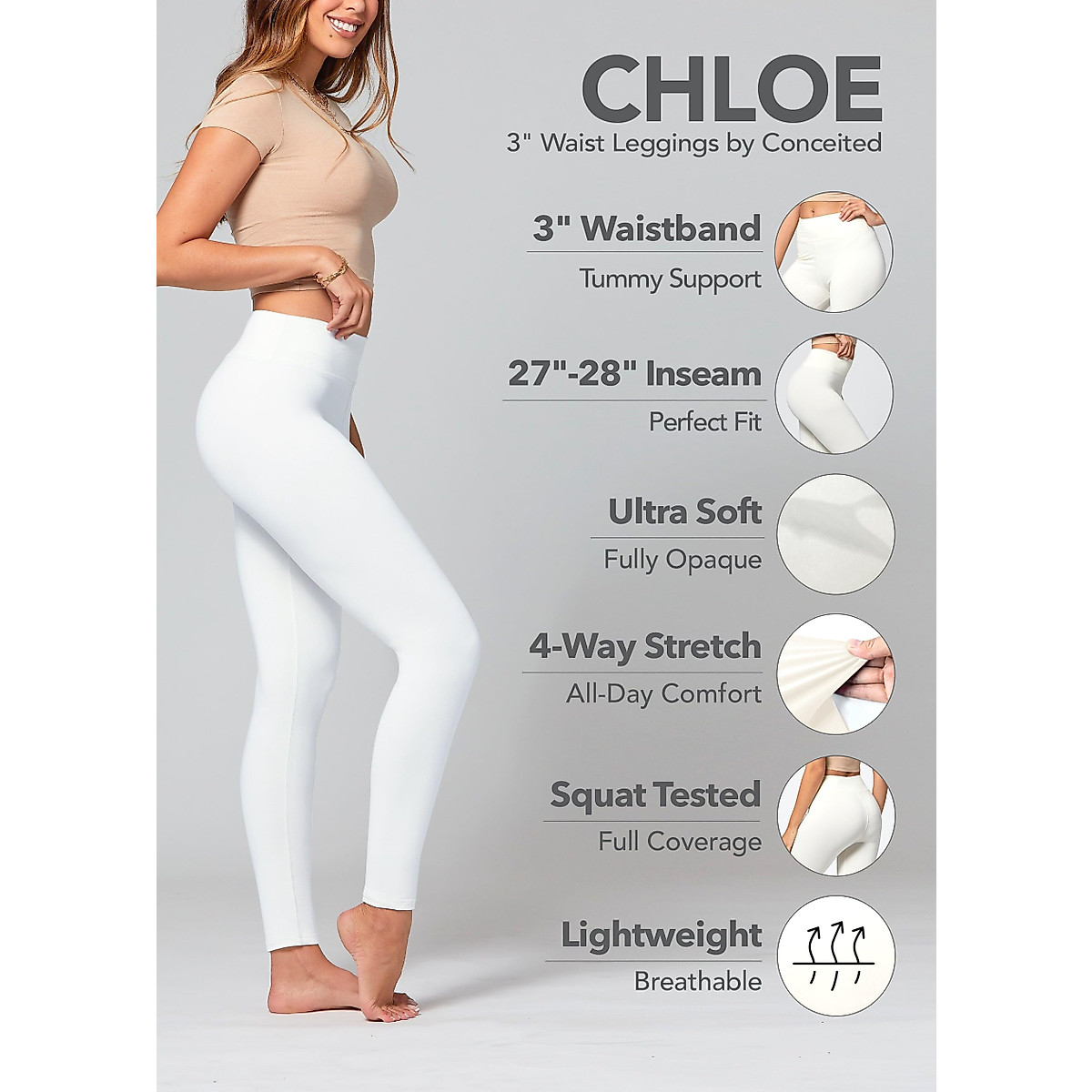 Conceited Leggings for Women - Tummy Control - 3" Waistband - Regular and Plus Size - Super White - Small - Medium