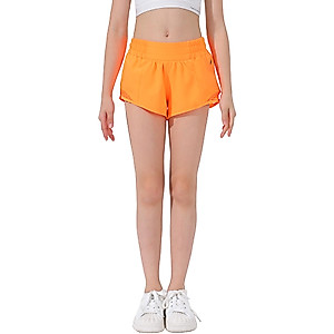 Aurefin Girls Athletic Shorts, Lightweight Running Shorts for Teen Girls Kids Sports Active Shorts with Zip Pocket and Elastic Orange/L
