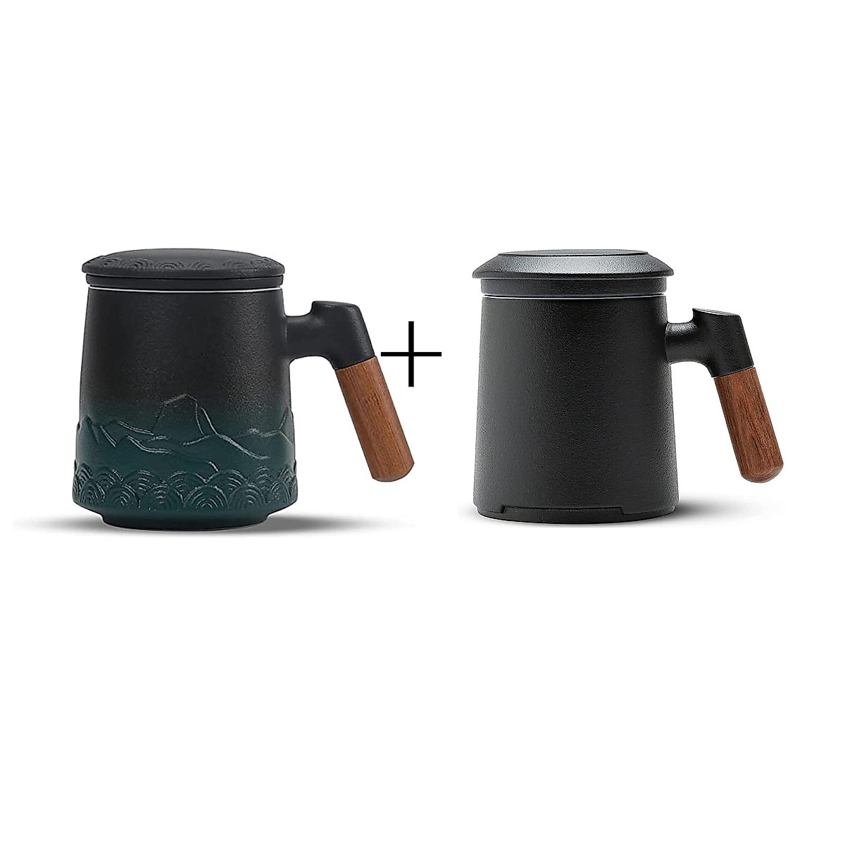 ZENS Tea Cup with Infuser and Lid, 16.8 Ounce Black & Green Gradient Embossed Large Loose Tea Mug and 13.5 Ounce Black Stoneware Glazed Ceramic Tea Cup