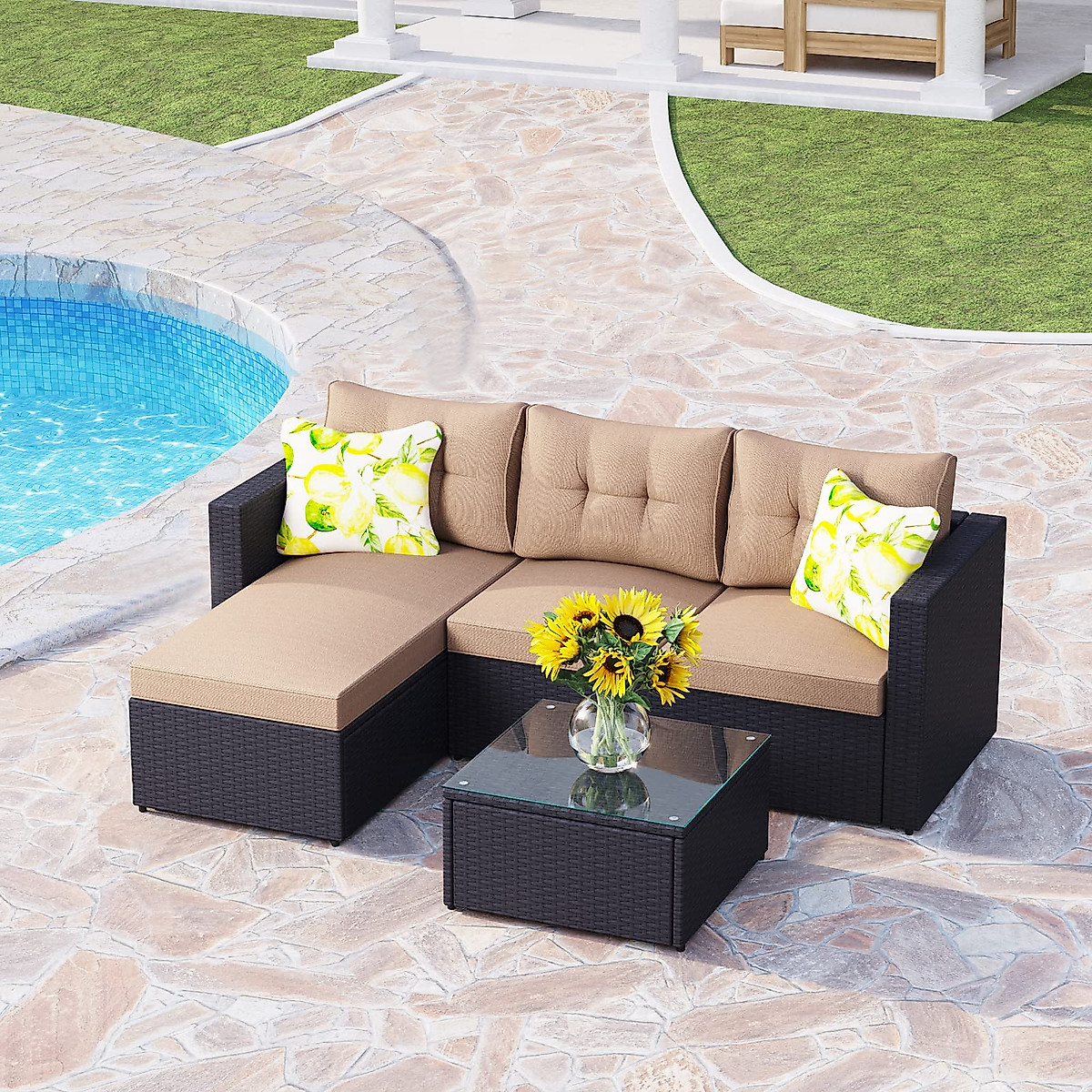 PHI VILLA Outdoor Patio Rattan Sectional Sofa- Small Patio Wicker Furniture Sofa Set,3-Piece, Cream