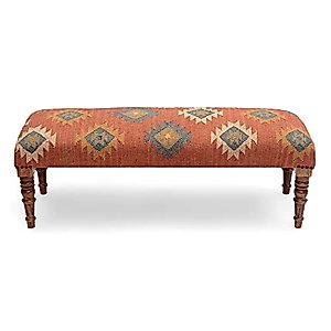 NATURAL FURNISH Wooden Bench for Living Room, Wool Jute Kilim Bench for entryway, Fabric upholstered Bench for Seating