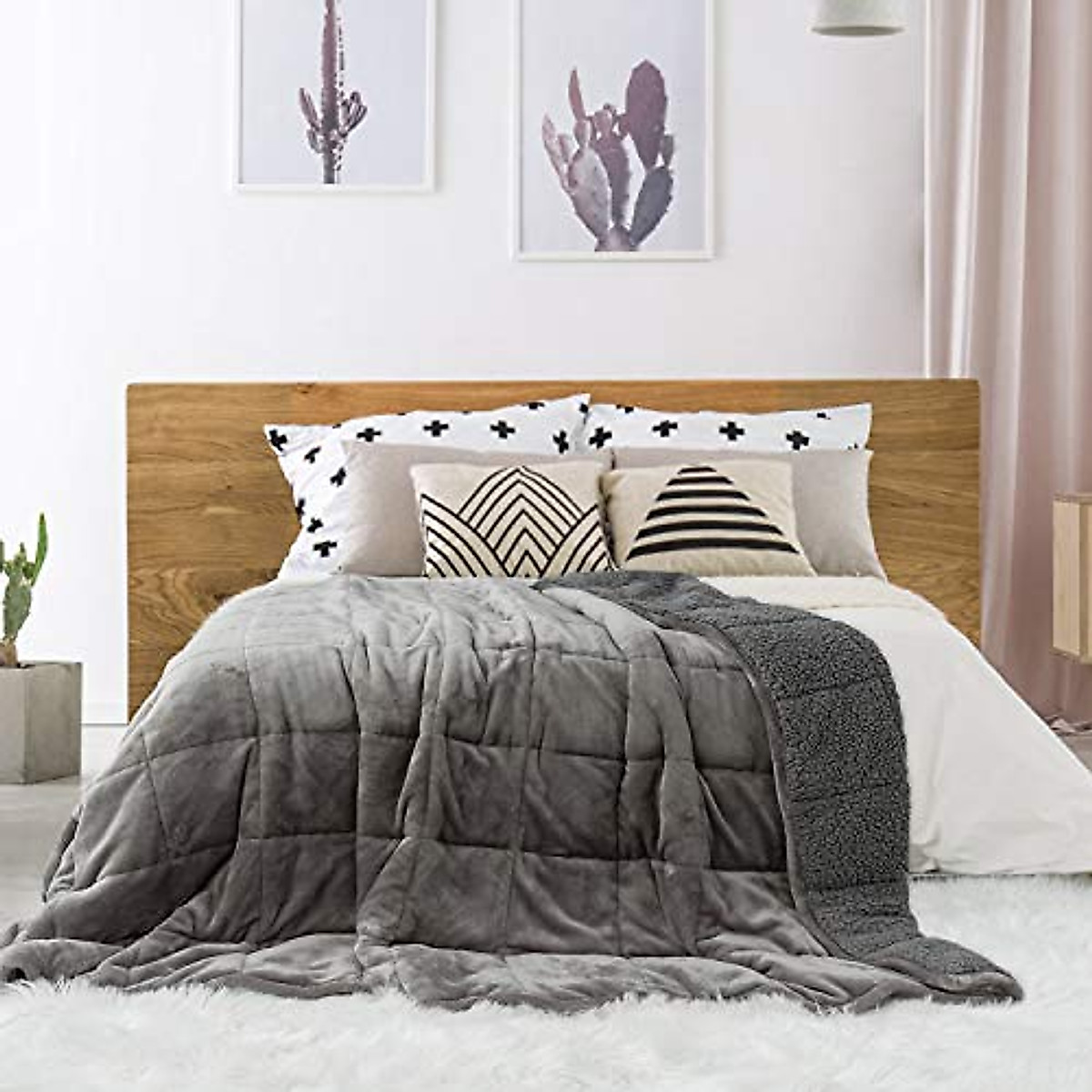 Sivio Weighted Blanket for Adult, 15 lbs Sherpa Heavy Blanket with Soft Flannel Reversible, Queen Size, Extra Warm Cozy Fluffy Weighted Blanket, 60x80 Inches Dual Sided Grey