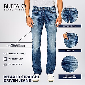 Buffalo David Bitton Men's Relaxed Straight Driven Jeans, Authentic and Sanded Indigo, 36W x 32L
