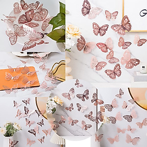 Ewong 60Pcs 3D Butterfly Wall Decal Birthday Cake Party Decoration 5 Style Mural Sticker Art Craft Kid Nursery Classroom Wedding Baby Shower Decorative Girl Bedroom Home Room Office Decor (Rose Gold)
