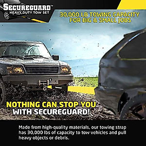 Secureguard Recovery Tow Strap - 20 Feet Long | Extra Heavy Duty Tow Rope with 30,000 lbs of Strength | Reinforced Eye Hoops | Steel U-Hooks for Reliable Towing | With Durable Carrying Bag for Storage