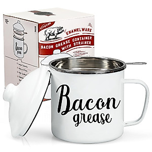 VITEVER 46OZ LARGE Bacon Grease Saver with Fine Mesh Strainer & Handle - Enamel Oil Keeper Container, Bacon Fat Dripping Can - Farmhouse Kitchen Gift & Decor Cooking Accessories - White, Style 3