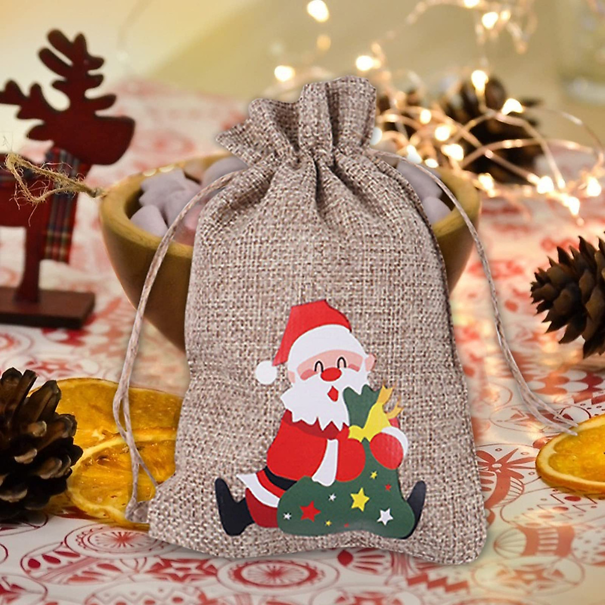 Shan-S Christmas Decor Christmas Burlap Gift Bags, Christmas Jute Linen Bags, Xmas Jute Linen Candy Bag Treat Gift Drawstring Pouches Burlap Gift Bags for Wedding Christmas Party Favors