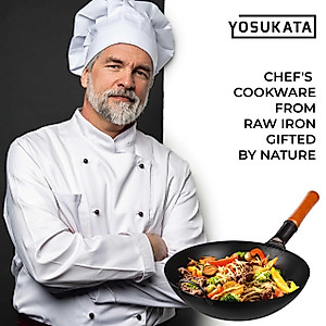 YOSUKATA Carbon Steel Wok Pan – 13,5 “ Woks and Stir Fry Pans - Chinese Wok with Flat Bottom Pow Wok - Traditional Chinese Japanese Woks - Black Steel Wok