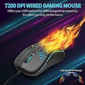 Honeycomb Wired Gaming Mouse, RGB Backlight and 7200 Adjustable DPI, Ergonomic and Lightweight USB Computer Mouse with High Precision Sensor for Windows PC & Laptop Gamers (Black)