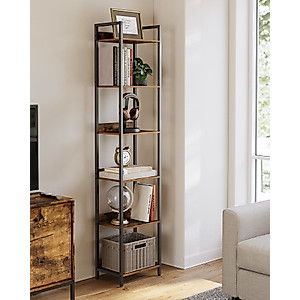 bresurv 6-Tier Bookshelf, Narrow Bookcase with Open Shelves, Talll Book Shelf Coner Shelf for Living Room, Bedroom, Home Office, Study, Bathroom,11.5 x 15.7 x 72.6 Inches, Rustic Brown and Black