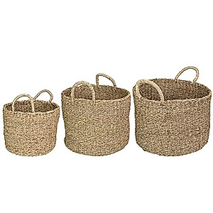 Northlight Set of 3 Natural Beige Round Seagrass Table and Floor Baskets