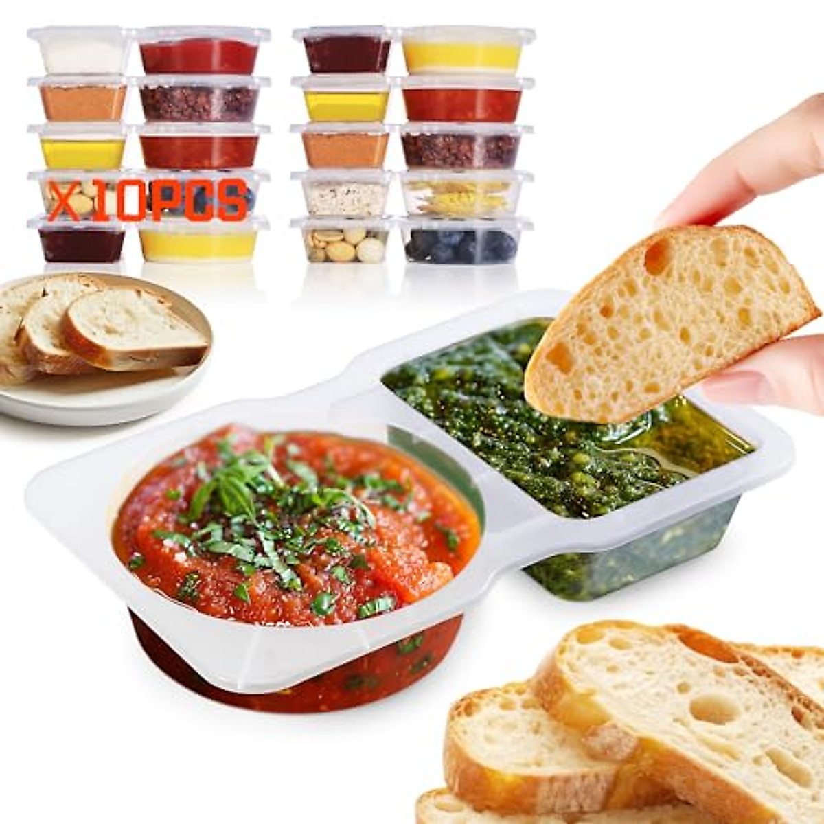 Vexulipro 15 PCS Divider Condiment Containers with Lids, Double Compartment Condiment Container, Dressing Containers with Lids, Small Plastic Containers with Lids, and Snack Containers