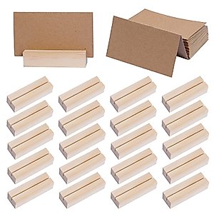 mifengda 20 Pieces Wood Place Card Holders Table Number Holders Stands Small Table Sign Holders Display Rustic Wooden Card Holder with Brown Paper Cards for Wedding Reception Table Party Decoration