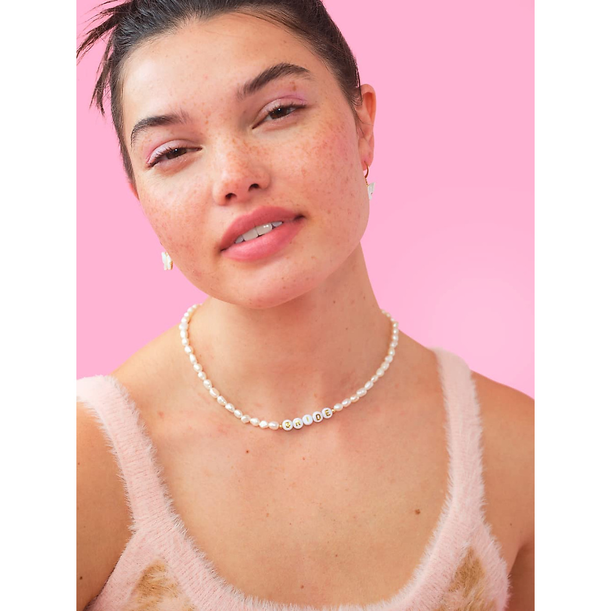 xo, Fetti Bride Freshwater Pearl Beaded Necklace, 14" Choker, Gold Letter Beads Jewelry | Bachelorette Party Decorations, Bridesmaid Gift, Bridal Shower, Wedding