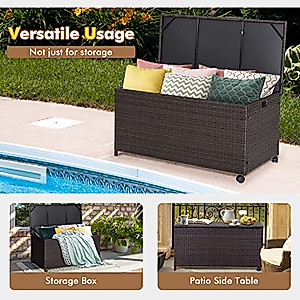 Tangkula 50 Gallon Wicker Deck Storage Box, Patio Rattan Storage Container with 2 Universal Wheels, Safety Pneumatic Rod, Zippered Liner, Sturdy Steel Frame, Ideal for Backyard, Poolside (Mix Brown)