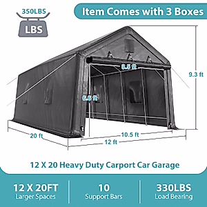 K Knowbody 12 x 20 FT Carport,Heavy Duty Peak Portable Garage with All-Steel Metal Frame & Ventilated Windows, Anti-Snow UV Protection Car Canopy Outdoor Storage Shelter for Car,Truck,Boat,Black