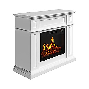 Electric Fireplace with Mantel - Freestanding Heater with Remote Control, Adjustable LED Flames and Faux Logs - Living Room Decor by Northwest (White)