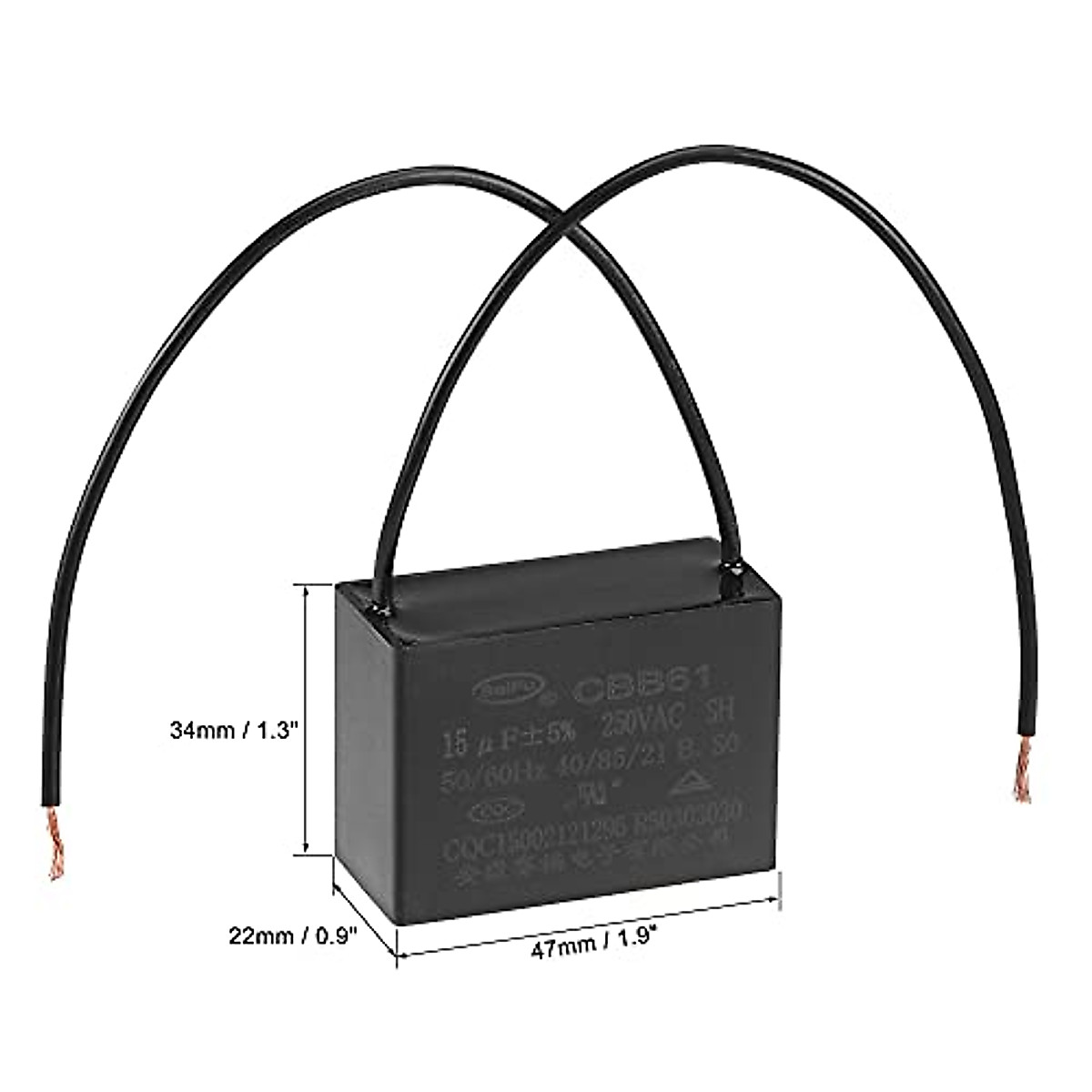 uxcell Ceiling Fan Capacitor CBB61 15uF 250V AC 2 Wires Metallized Polypropylene Film Capacitor 47x34x22mm for Electric Fan Pump Motor Generator