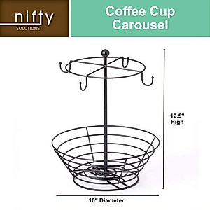 Nifty Coffee Pod & Mug Carousel – Holds 4 Cups, Capsule Storage, Spins 360-Degrees, Lazy Susan Platform, Modern Black Steel, Home or Office Kitchen Counter Organizer