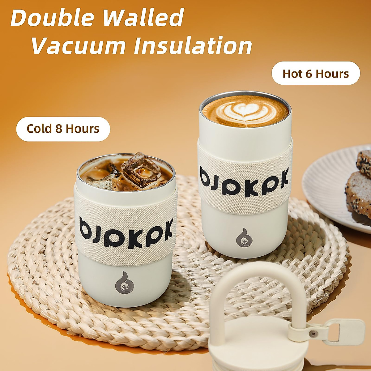 BJPKPK 13oz Insulated Loop Tumbler With Lid And Handle Stainless Steel Travel Coffee Mug Thermal Cups,Beige