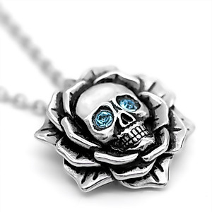 Skull Rose Birthstone Necklace With Crystal 17" - 19" Adjustable Chain (03-March – Blue)