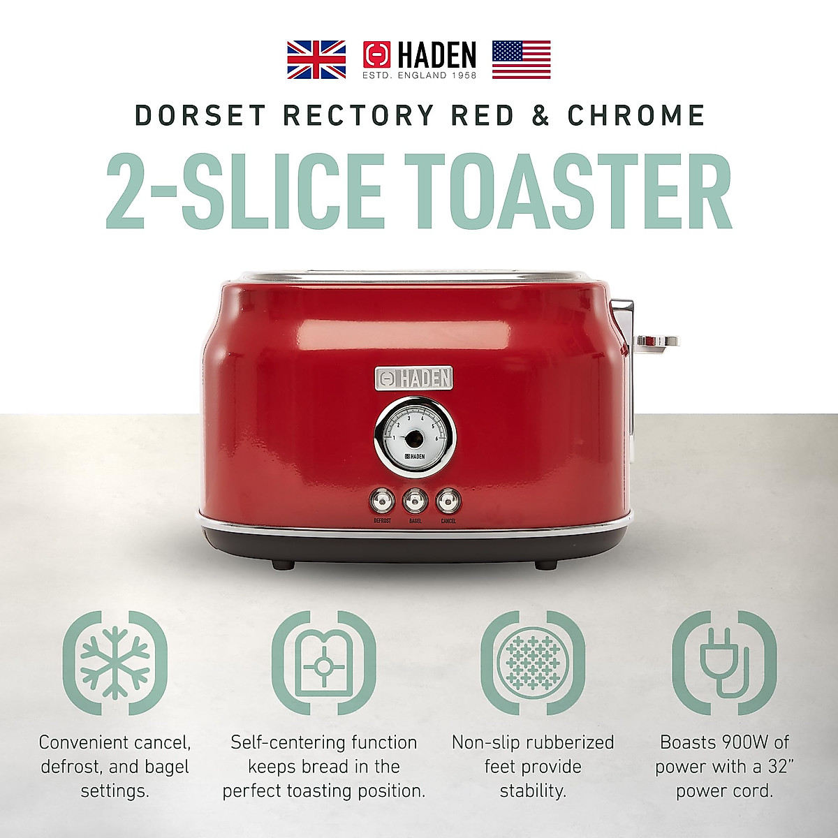 Haden Dorset 2 Slice Wide Slot Stainless Steel Toaster with Adjustable Browning Control & Non-Slip Feet, Rectory Red