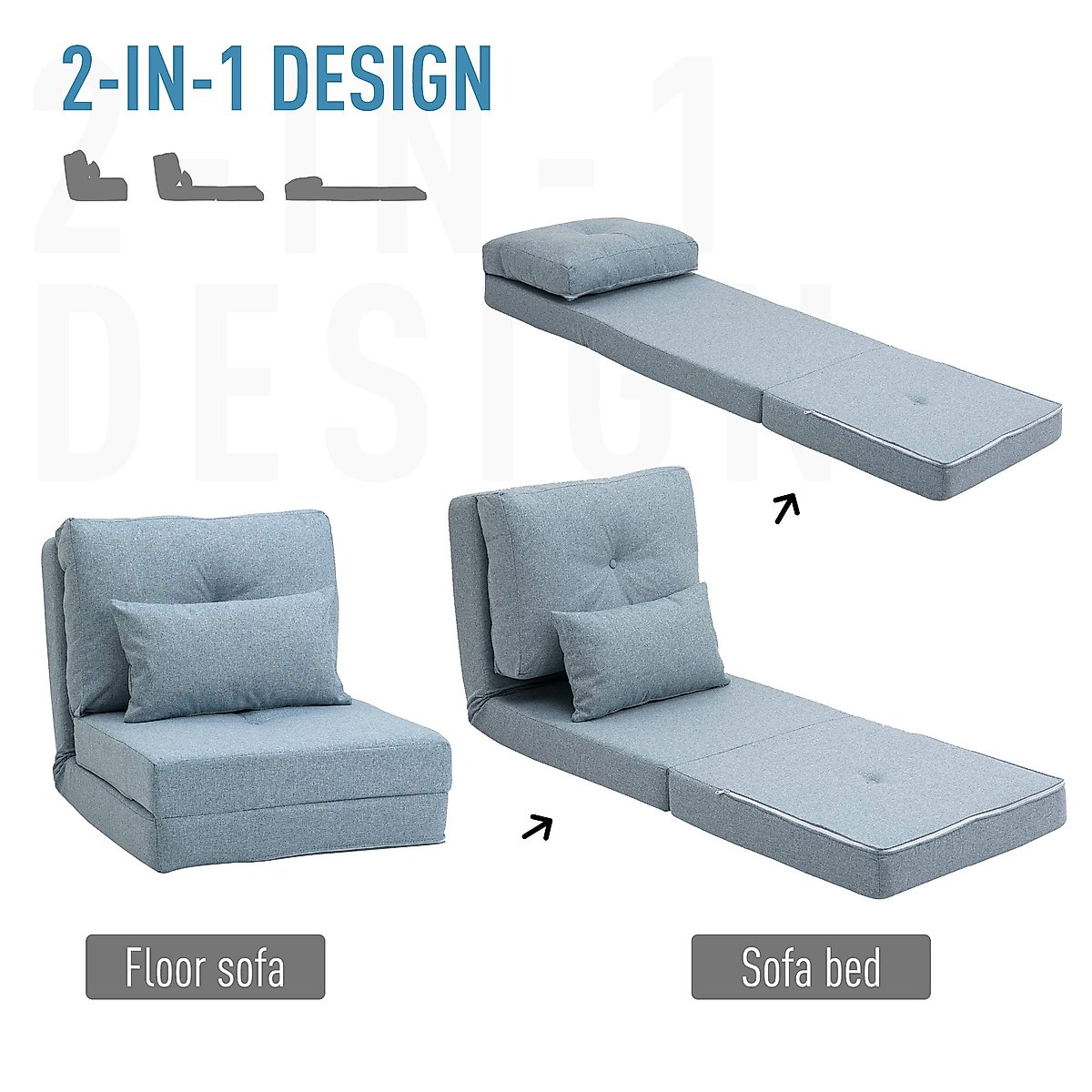 HOMCOM Convertible Flip Chair, Floor Lazy Sofa, Folding Upholstered Couch Bed with Adjustable Backrest, Metal Frame and Pillows for Living Room Bedroom, Blue