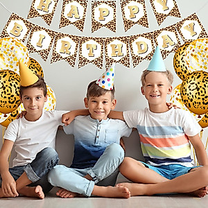 15 Pieces Cheetah Happy Birthday Decorations Leopard Print Banner Cheetah Birthday Banner Gold Leopard Balloons Leopard Print Plastic Tablecloth for Boy Girl Baby Shower Theme Supplies Decorations