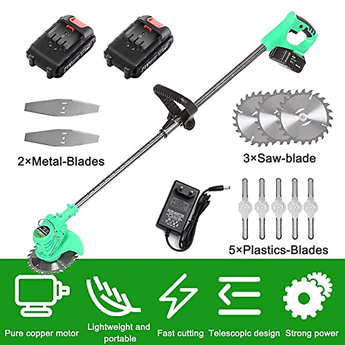 TRUNYAQI String Trimmer Cordless Grass Trimmer Electric Edger Battery Powered Lawn Mower Weed Brush Cutter Kit for Garden, Lawn, Trimming (Green)