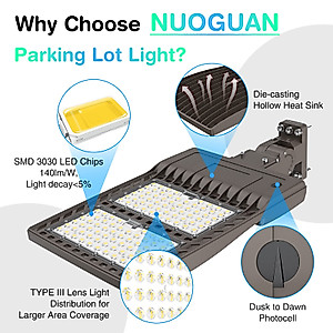 NUOGUAN 320W LED Parking Lot Light 44800LM with Photocell, 5000K Shoebox Pole Light with Arm Mount AC100-277V, UL DLC Listed, IP65 Waterproof Commercial Street Area Lighting for Driveway/Roadway/Yard
