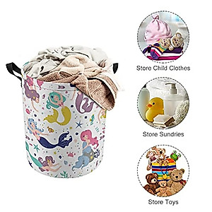 Funny Mermaids Laundry Hamper Collapsible Laundry Basket with Drawstring Waterproof Ocean Stars Toys Storage Basket with Handle, 14x17.3 Inches