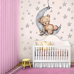 DEKOSH Moon & Stars Nursery Wall Decal with Sleepy Bear for Baby Nursery Decor