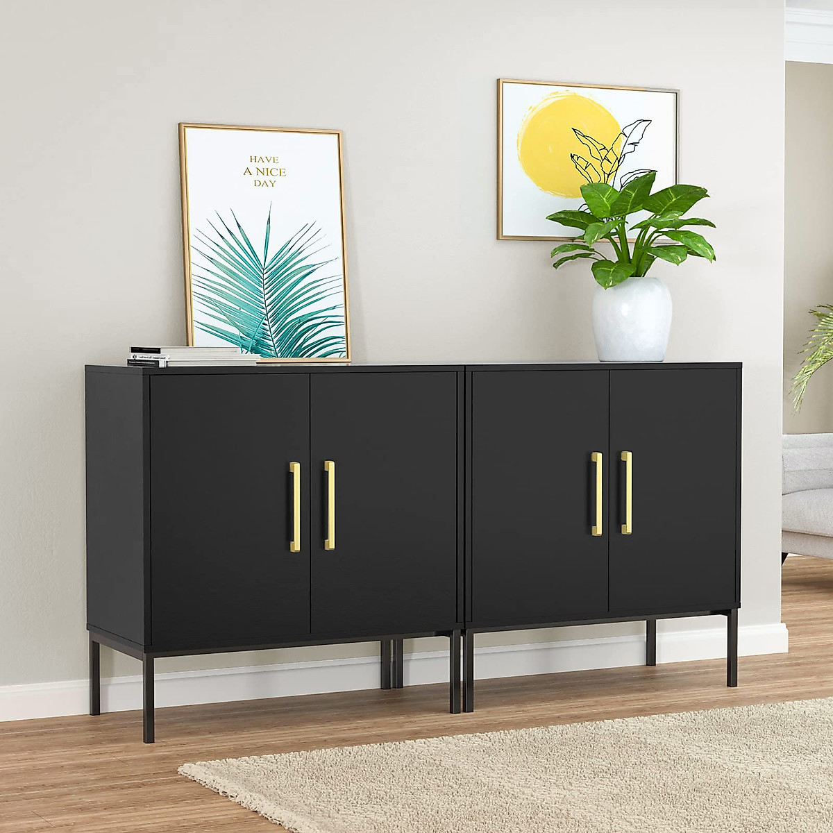 JOZZBY Buffet Cabinet with Storage, Accent Cabinet Modern Wooden Free Standing Sideboard with Doors, Black Side Cabinets with Adjustable Shelves for Living Room, Hallway, Set of 2