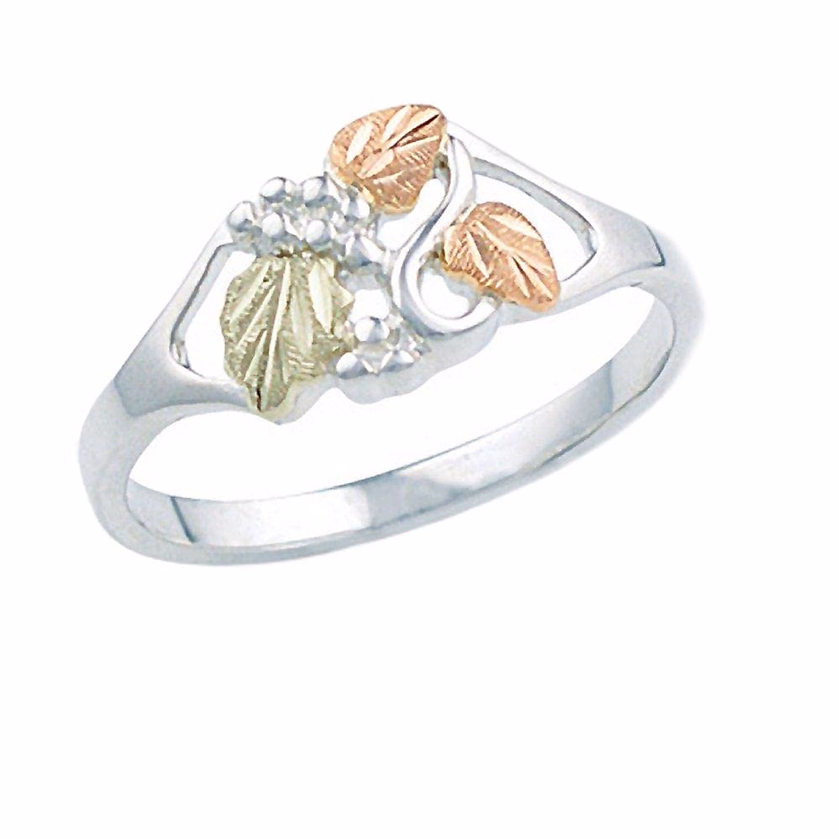 Ladies Black Hills Gold Ring made of Sterling Silver with Silver grape bunches and 12k Leaves