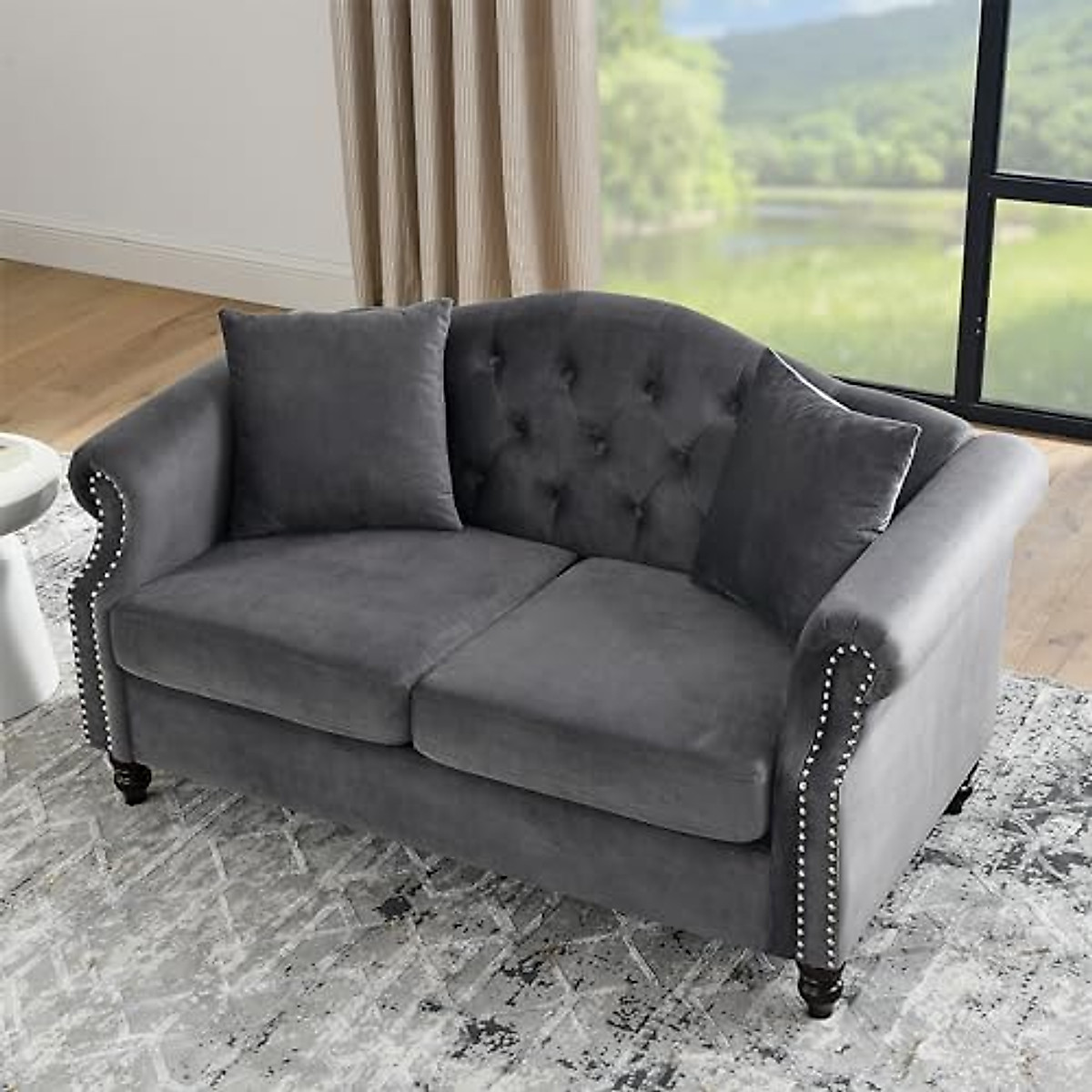 57" Chesterfield Sofa with 2 Pillows,2 Seater Sofa Tufted Couch with Rolled Arms and Nailhead for Living Room, Bedroom, Office, Apartment(Grey)