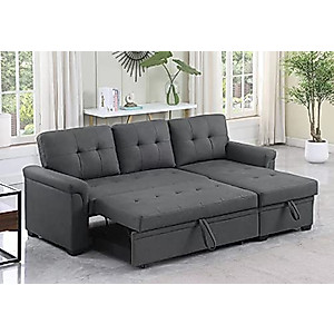 Lilola Home Lucca Performance Artificial Leather L-Shaped Pull-Out Sleeper Sofa Sectional with Reversible Storage Chaise and Solid Wood Frame, Gray