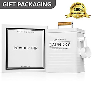 Calindiana Modern Farmhouse Metal Laundry Soap Dispenser Container Holder with Scoop for Laundry Room Decor and Space Saving Laundry Room Organization and Storage, Laundry Powder Container, White
