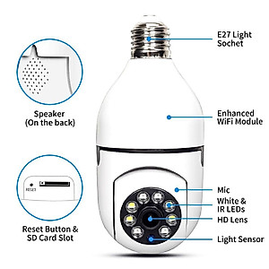 3MP Light Bulb Security Camera for Home Security, 360° WiFi Smart Light Socket Security Camera Outdoor Wireless, Lightbulb Camera with Motion Detection, Two Way Talk, Compatible with Alexa (1Pack)
