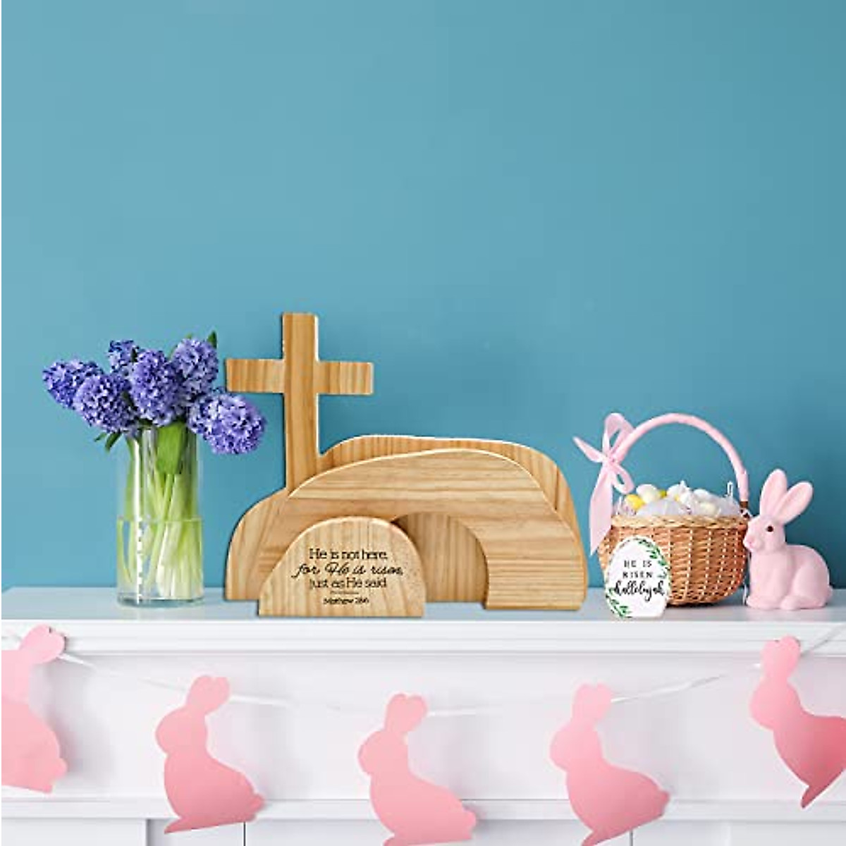 5 Pcs Easter Resurrection Scene Set He is Risen Wooden Tabletop Centerpieces The Tomb Was Empty Scene Decorations Crosses on Top of Rock Signs Christian Easter Decor for Jesus Easter Home Table Décor