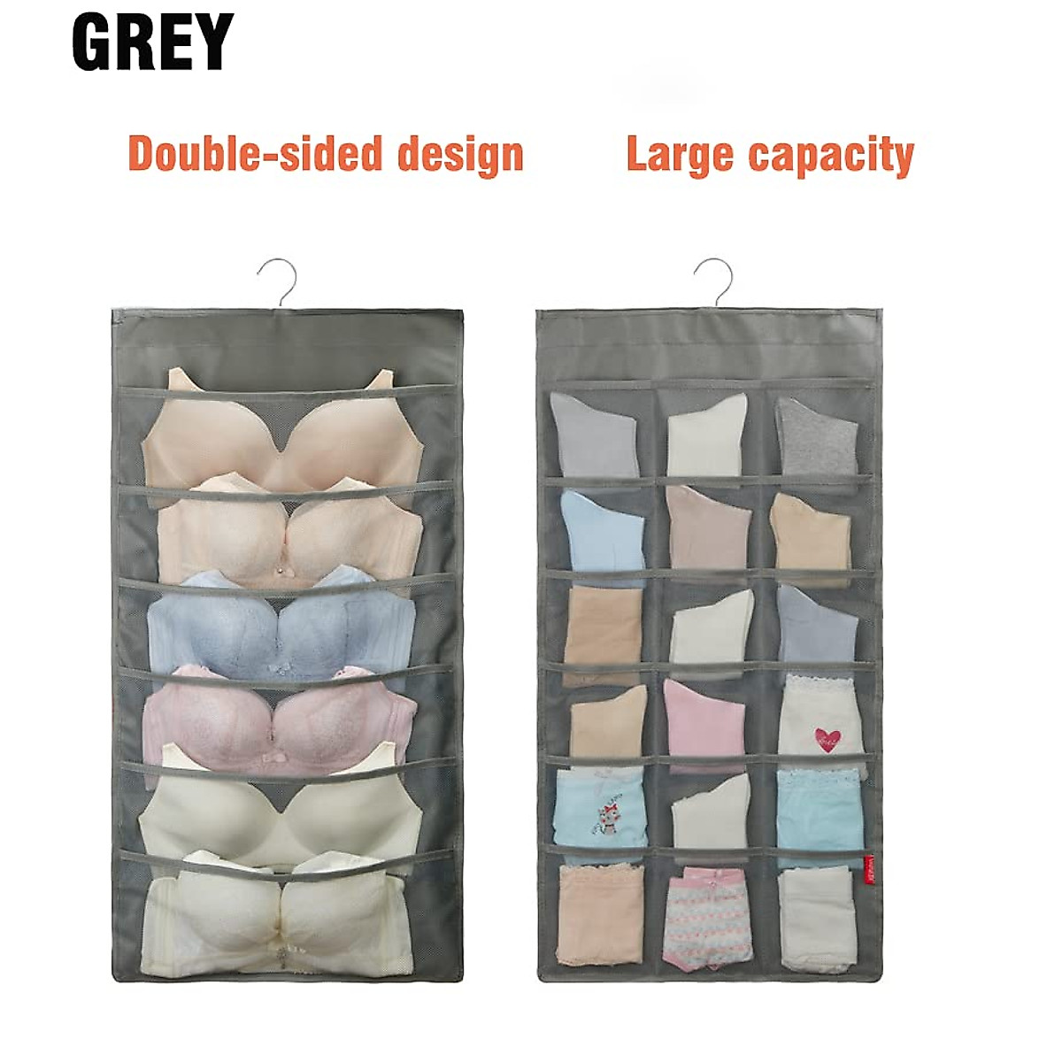 Hanging Bra Closet Organizer and Storage Pockets Wall Organizer 24 Pockets Enlarged Hanging Mesh Pockets Dual Sided Wall Closet Underwear,Bra,Socks,Accessories with Hanger (Grey)