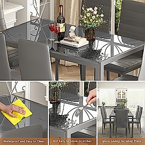 Recaceik Glass Dining Table Sets for 6, 7 Piece Kitchen Table and Chairs Set for 6 Person, Tempered Glass Table and PU Leather Chairs Modern Dining Room Sets for Small Dinette Apartment
