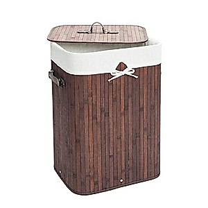 Laundry Hamper Bamboo Laundry Basket, Clothes Hamper with Lid and Removable Liner, Single Lattice Bamboo Folding Basket Body with Cover , Rectangle Clothes Bin for Laundry Room Bedroom (Dark Brown)