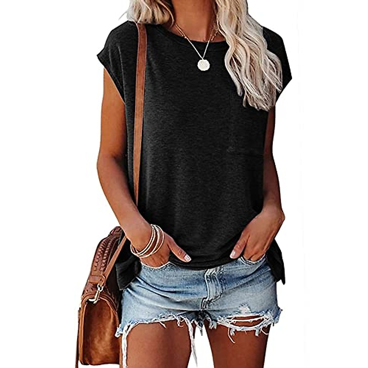 Smile Fish Womens Summer Black Short Cap Sleeve Shirts Solid Loose Fit Pocket Tunic Tops Cotton M