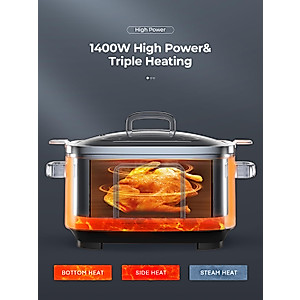 AMEGAT Slow Cooker 6 Quart, 10 in 1 Programmable Cooker, Rice Cooker, Sauté, Steamer & More, Stainless Steel Inner Pot, Steaming Rack & Glass Lid, Delay Start, Adjustable Temp & Time with LED Display