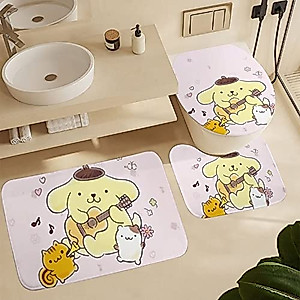 Pompompurin Playing Guitar Cute 4 Piece Bath Set Bathroom Decoration Set with Shower Curtain Set Non Slip Floor Mat Toilet Lid Bath Mat Polyester Waterproof Shower Curtain
