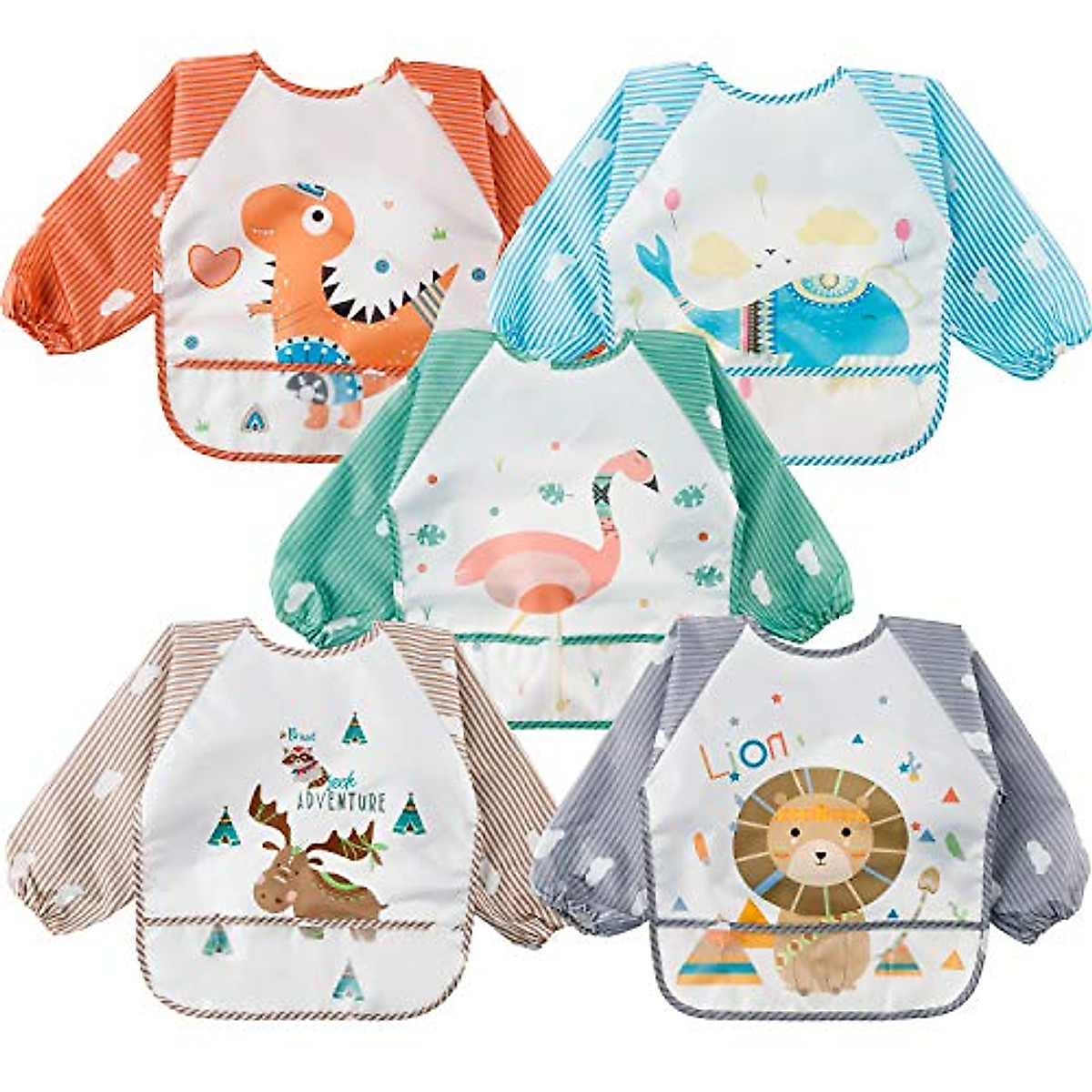 R HORSE 5Pcs Long Sleeved Bib for Babies Toddlers Waterproof Sleeved Bib with Great Capacity Pocket Gift for Baby 6-36 months