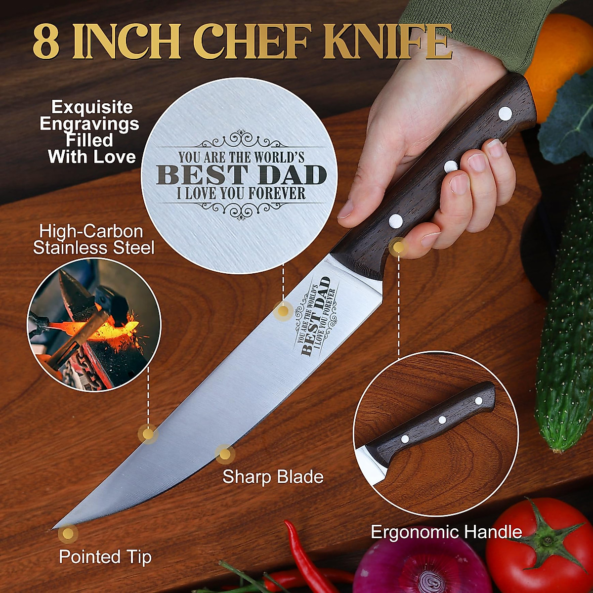 Fathers Day Dad Gifts from Daughter - Fathers Day Birthday Gifts from Wife, Son, Gifts for Dad - Christmas Dad Gifts for Father, Husband, Step Dad, Bonus Dad - Best Dad Ever Gifts, 8 inch Chef Knife