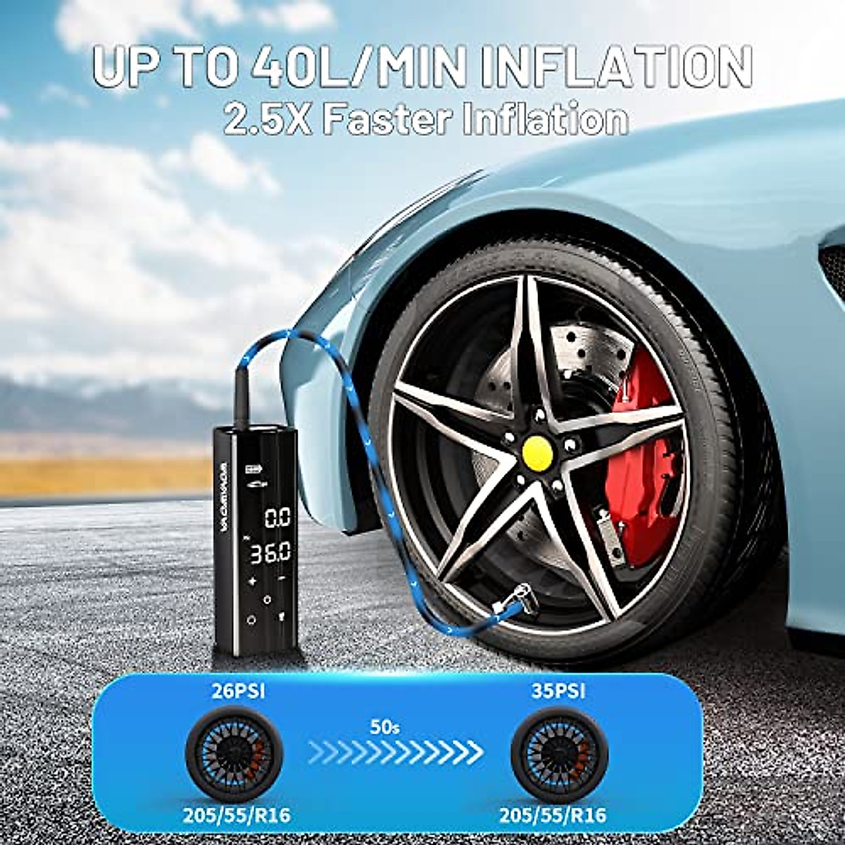 WOVAWOVA Tire Inflator Portable Air Compressor,12000 mAh Air Pump,150PSI Cordless & 12V DC Dual Power Supply,2.5X Faster Inflation,7.4'' Touch Full Screen,Tire Pump for Car/Motorcycle/Bike/Ball